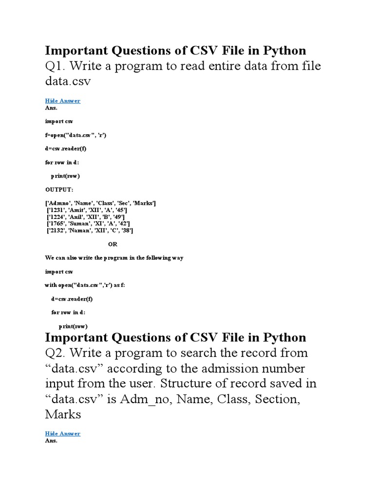 Top Python CSV Questions | PDF | Comma Separated Values | Software Engineering