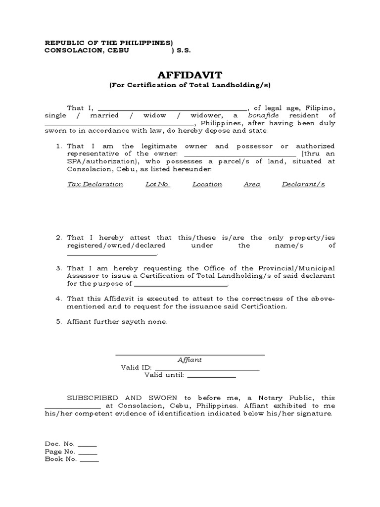 Affidavit for Total Landholdings | PDF