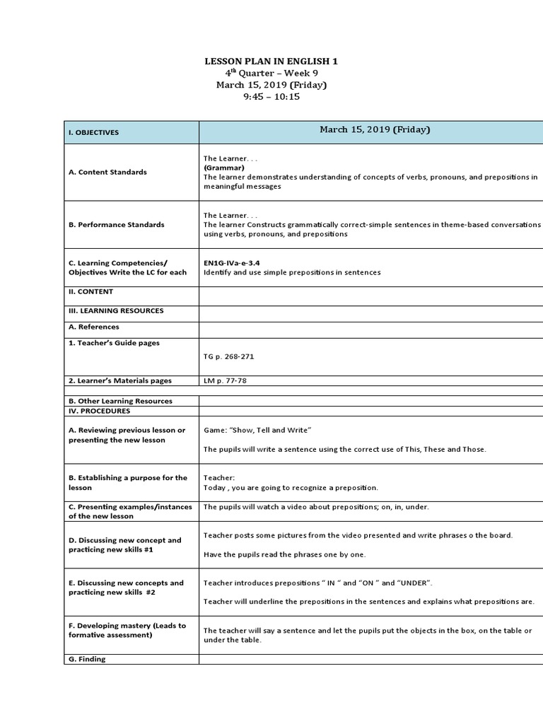 Grade 1 Prepositions Lesson Plan | PDF | Preposition And Postposition ...