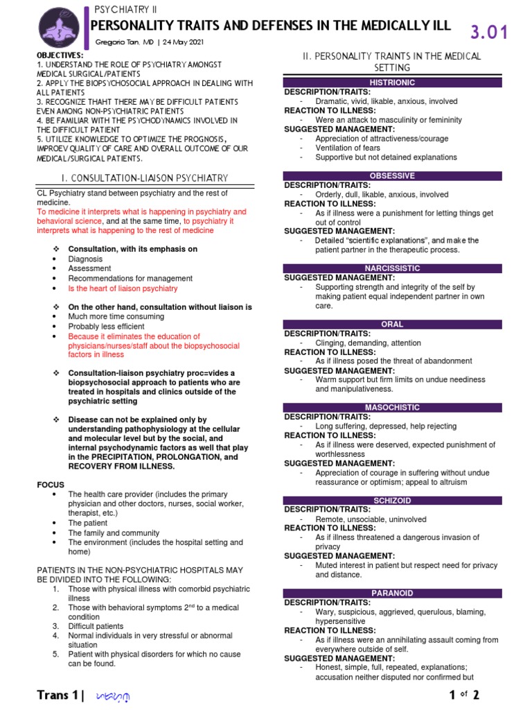 Psychiatry Ii - Personality Traits and Defenses in The Medically Ill ...