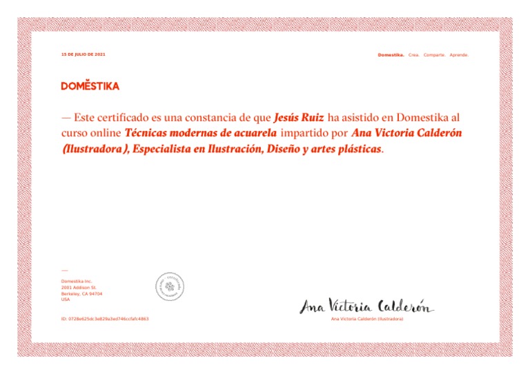 Certificate Acuarela Domestika | PDF