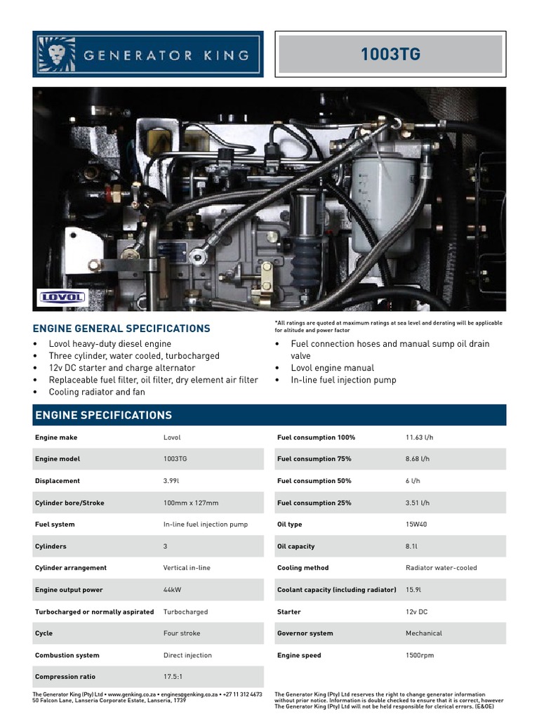 Lovol 1003TG Engine Specifications | PDF | Engines | Turbocharger