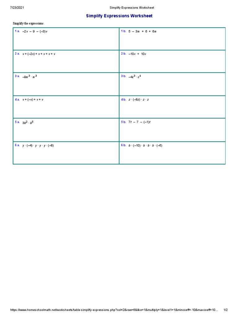 Simplify Expressions Worksheet | PDF