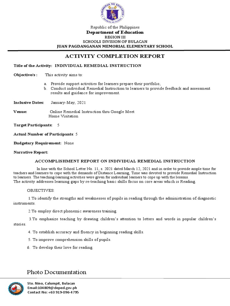 Activity Completion Report - Remedial - Homevisitgr1 | PDF | Behavior Modification | Cognition