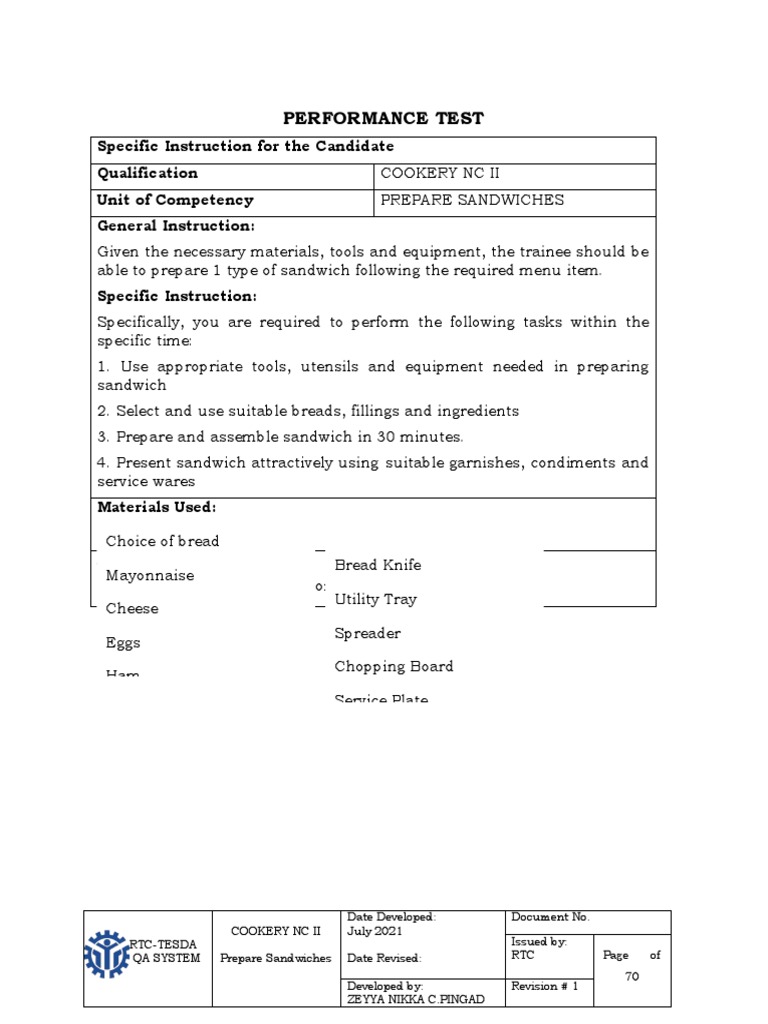 Performance Test: Specific Instruction For The Candidate Qualification ...