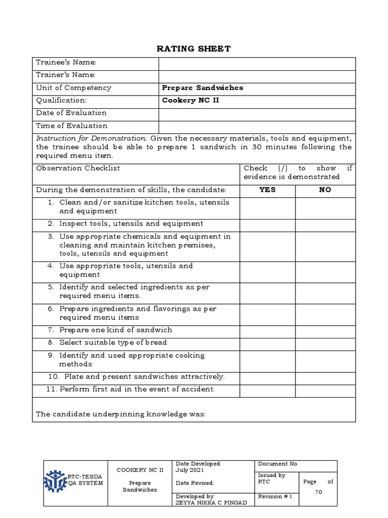 Rating Sheet | PDF | Cooking | Tools