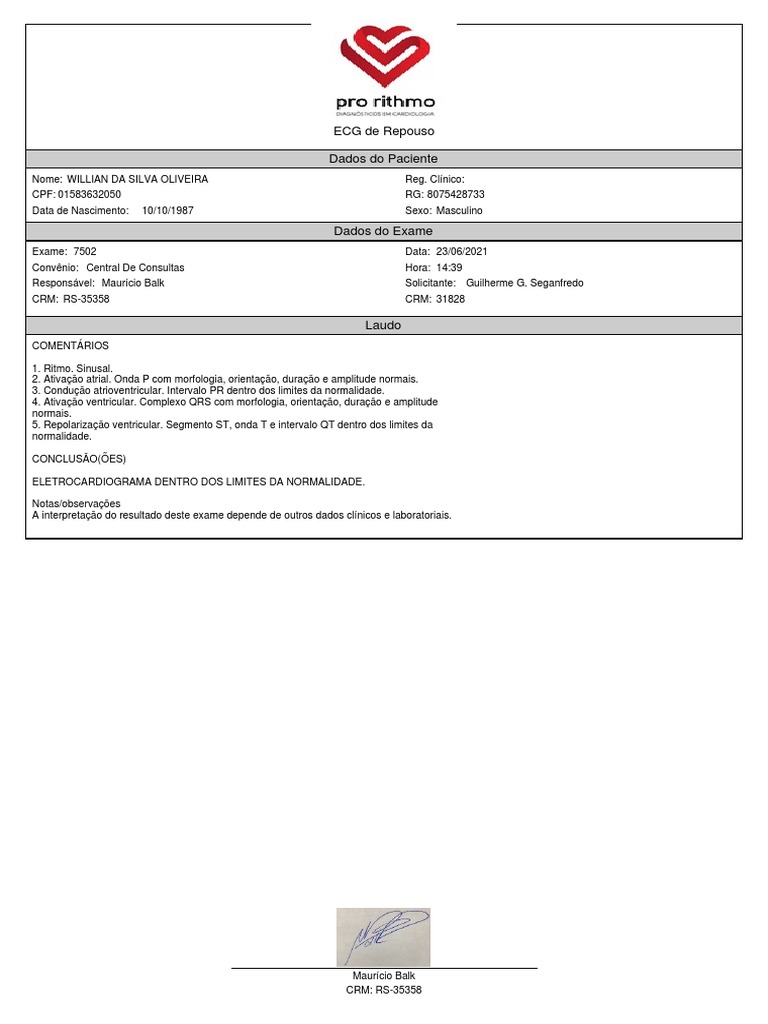 Laudo de ECG Normal em Repouso | PDF