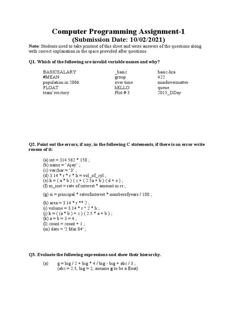 Computer Programming Assignment-1: (Submission Date: 10/02/2021) | PDF | Software Development ...