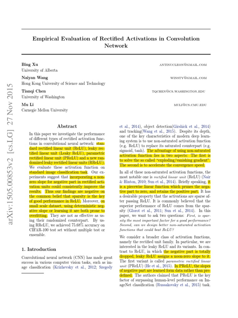Empirical Evaluation of Rectified Activations in ConvolutionNetwork | PDF | Neuroscience ...