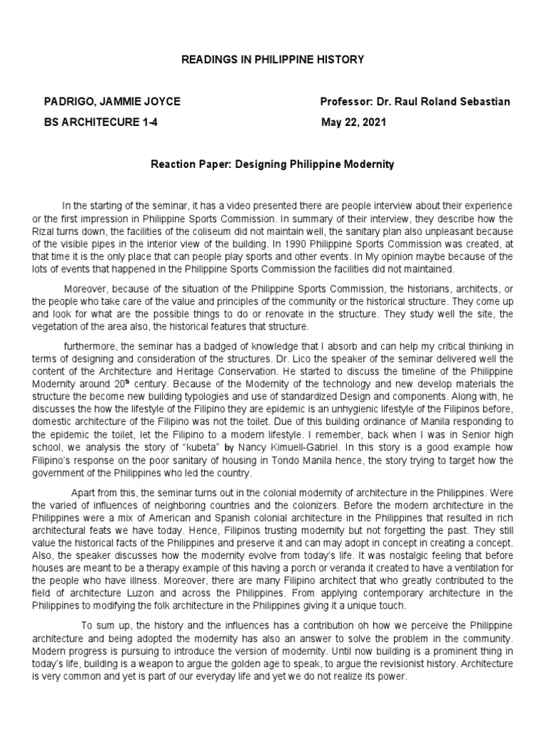 Riph Reaction Paper 2 | PDF | Philippines | Manila