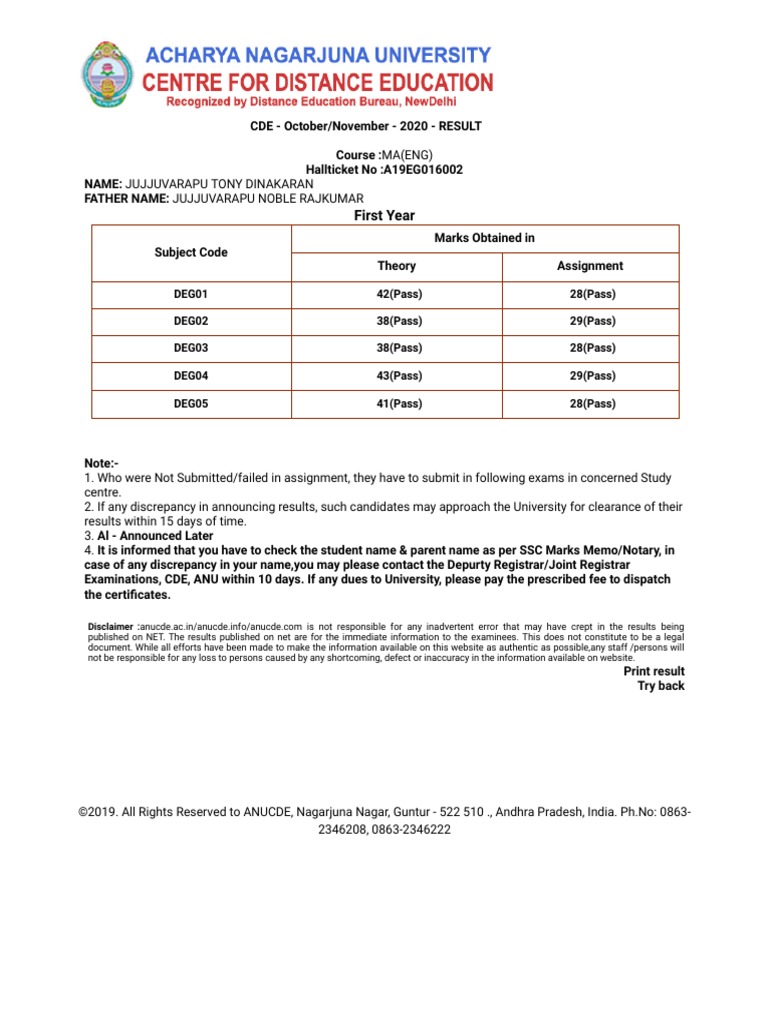 Tony Ma Eng 1ST Year Result | PDF