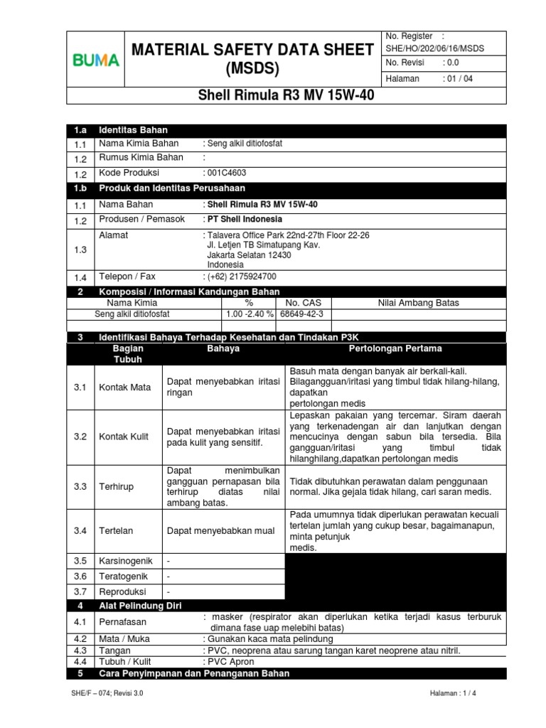 Microsoft Word - 202. MSDS Sell Rimula R3 15W-40 | PDF