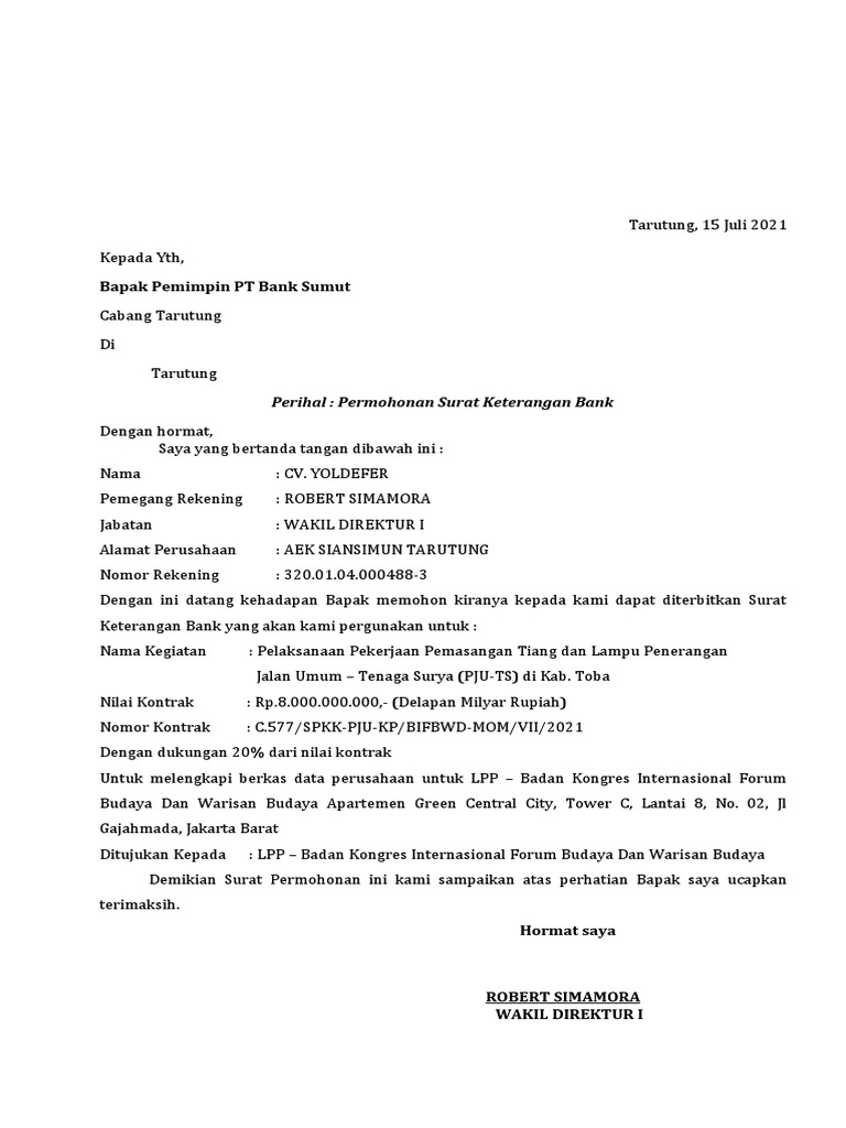 Contoh Surat Keterangan Bank | PDF
