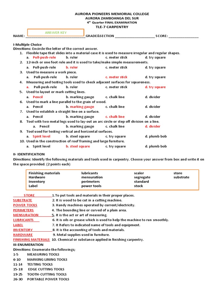 Answer Key Final Exam Carpentry | PDF | Tools | Crafts