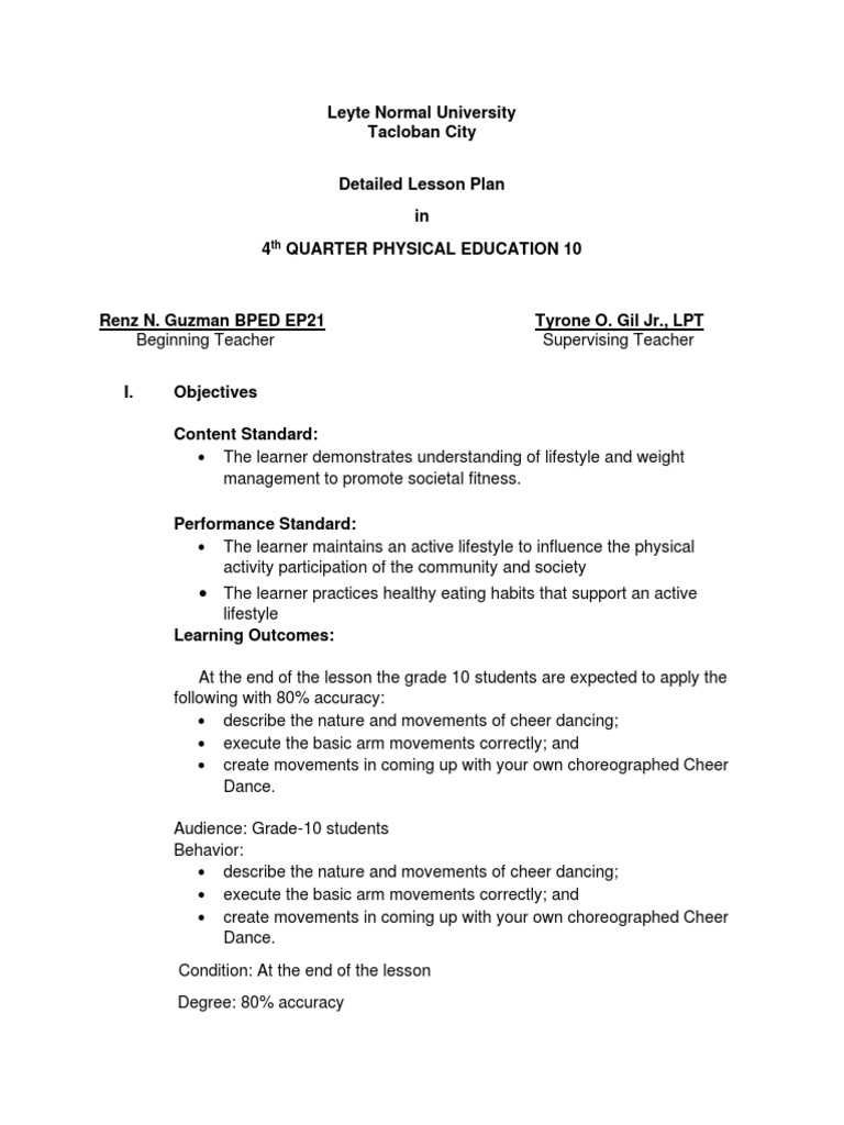Guzman, Renz N. Bped Ep21 (Lesson Plan) | PDF | Cheerleading | Dances