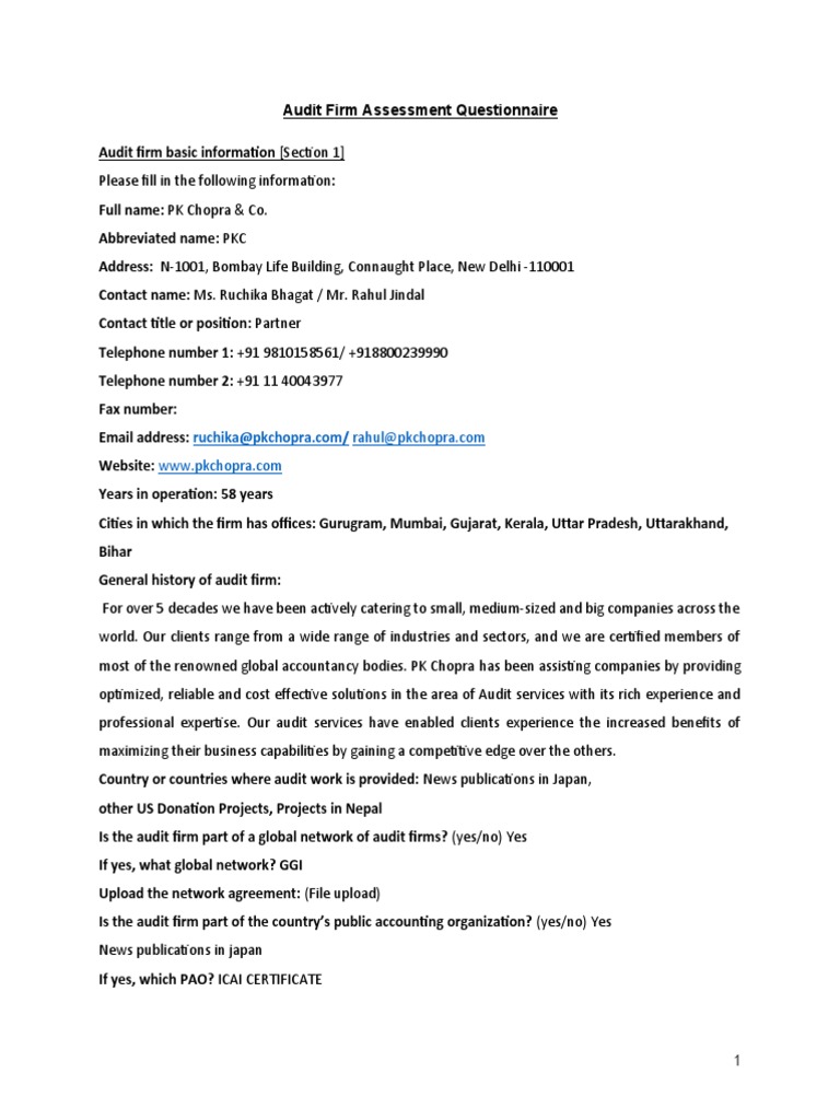 Audit Firm Assessment Questionnaire - INDIA | PDF | Financial Audit | Audit