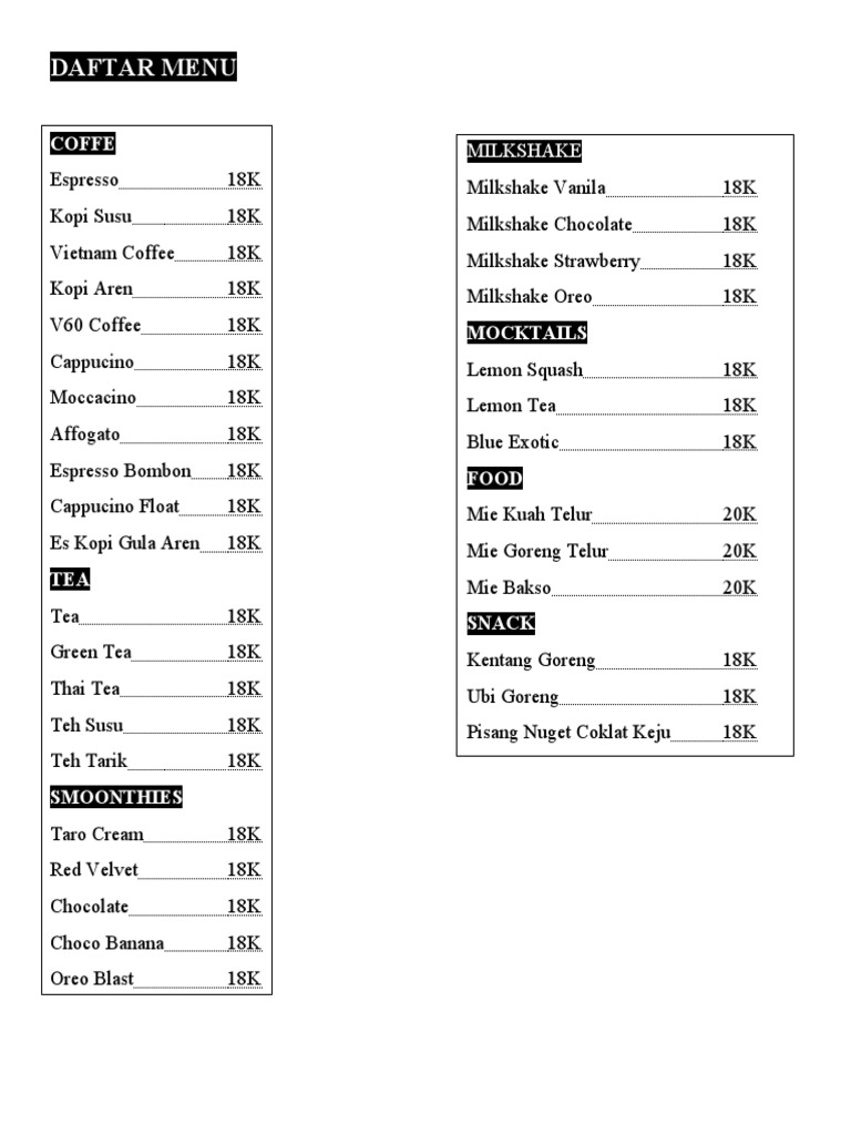 Daftar Menu Bazar TGL 6 | PDF