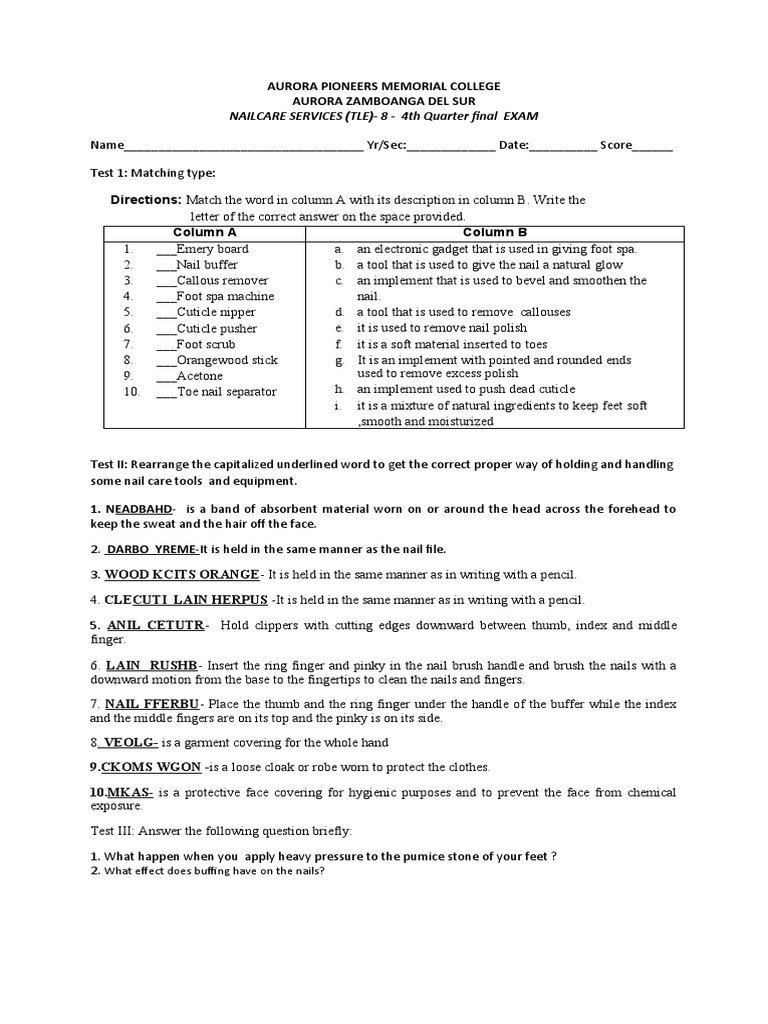 Grade 8 Nail Care Final Exam | PDF | Nail (Anatomy) | Finger