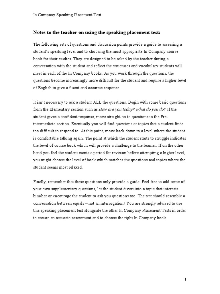 Notes To The Teacher On Using The Speaking Placement Test | PDF ...