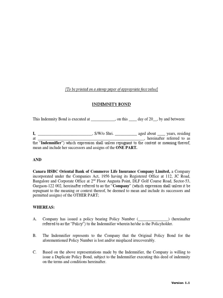 (To Be Printed On A Stamp Paper of Appropriate Face Value) : Indemnity ...