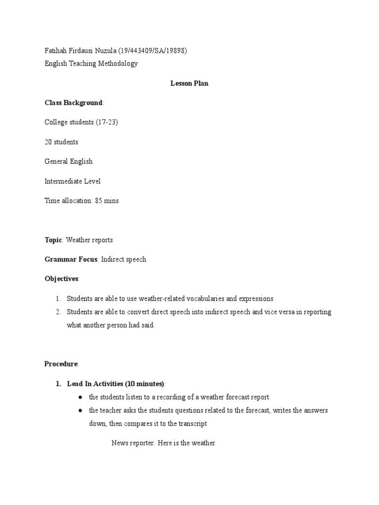 Grammar Class Lesson Plan: Indirect Speech | PDF | Weather | Weather ...