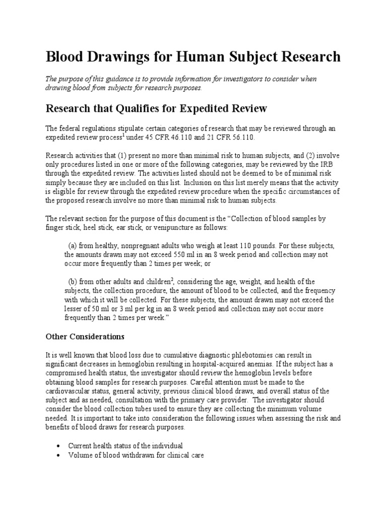 Blood Drawings For Human Subject Research | PDF | Institutional Review ...