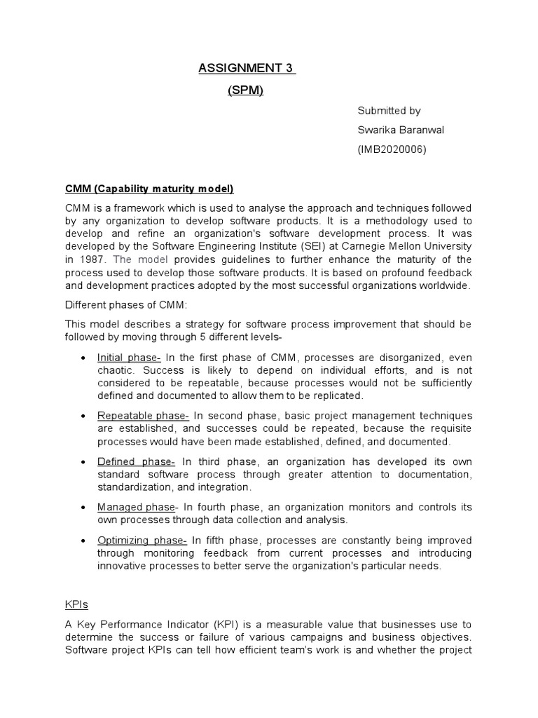 Assignment 3 (SPM) : CMM (Capability Maturity Model) | PDF | Information Age | Computing