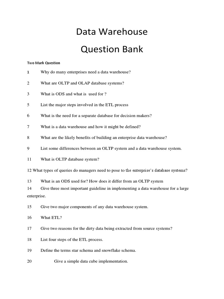 DWH Question Bank | PDF | Data Warehouse | Information Science