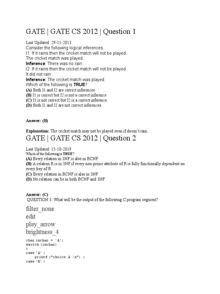 GATE - GATE CS 2012 - Question 1: Filter - None Edit Play - Arrow Brightness - 4 | PDF | Cpu ...