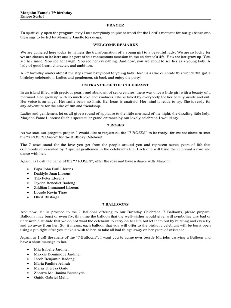 Bibi 7th Birthday Emcee Script | PDF