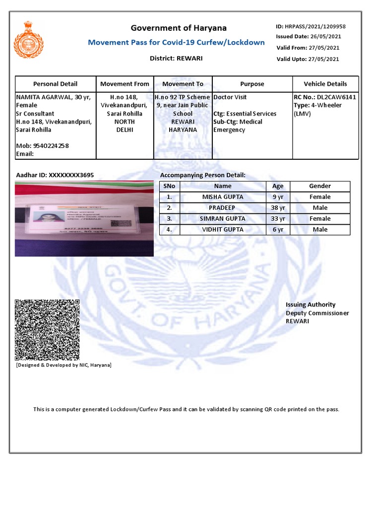 Government of Haryana: Movement Pass For Covid-19 Curfew/Lockdown | PDF