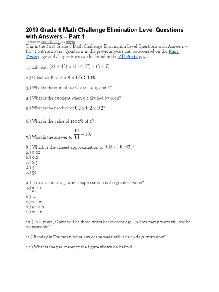 2019 Grade 6 Math Challenge Elimination Level Questions With Answers | PDF