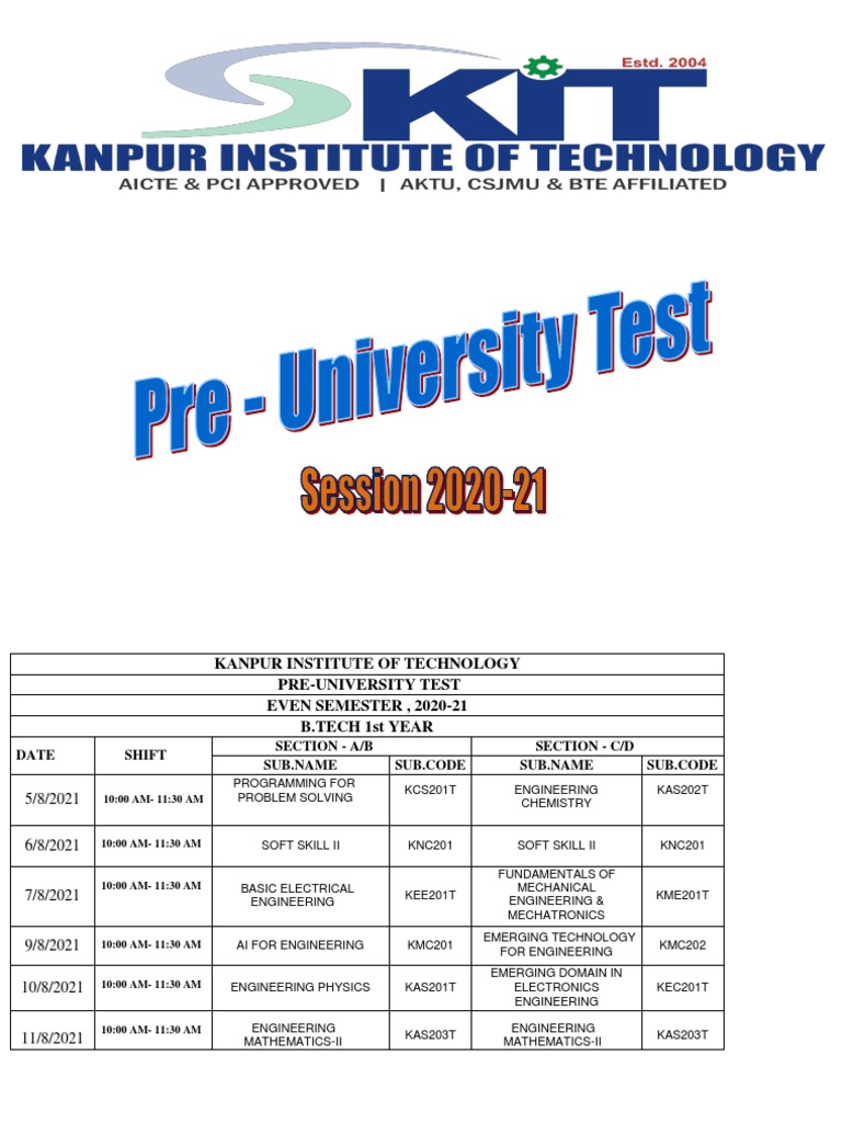 Revised Pre University Test Schedule | PDF | Pharmacology | Pharmacy