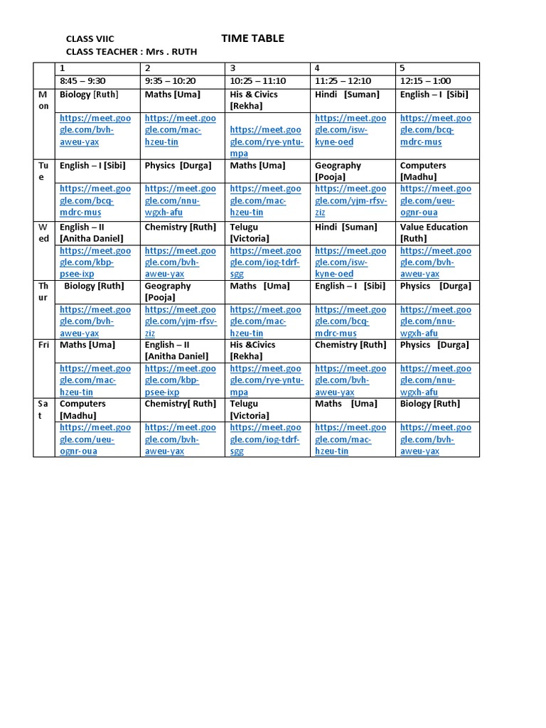 Time Table: Class Viic Class Teacher: Mrs - Ruth | PDF | Nature