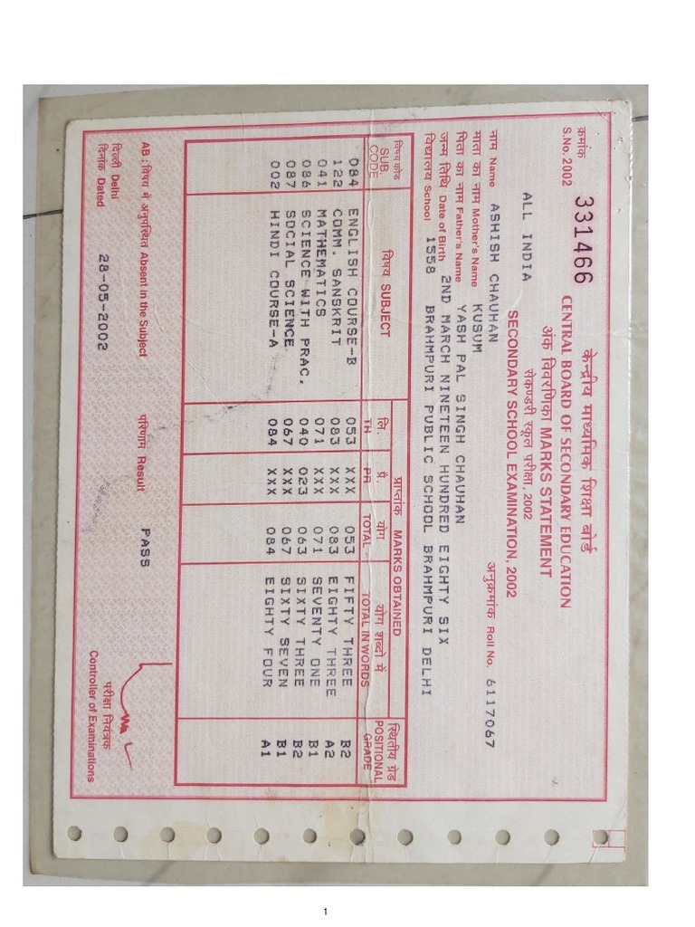 Ashish - 10th Marksheet | PDF