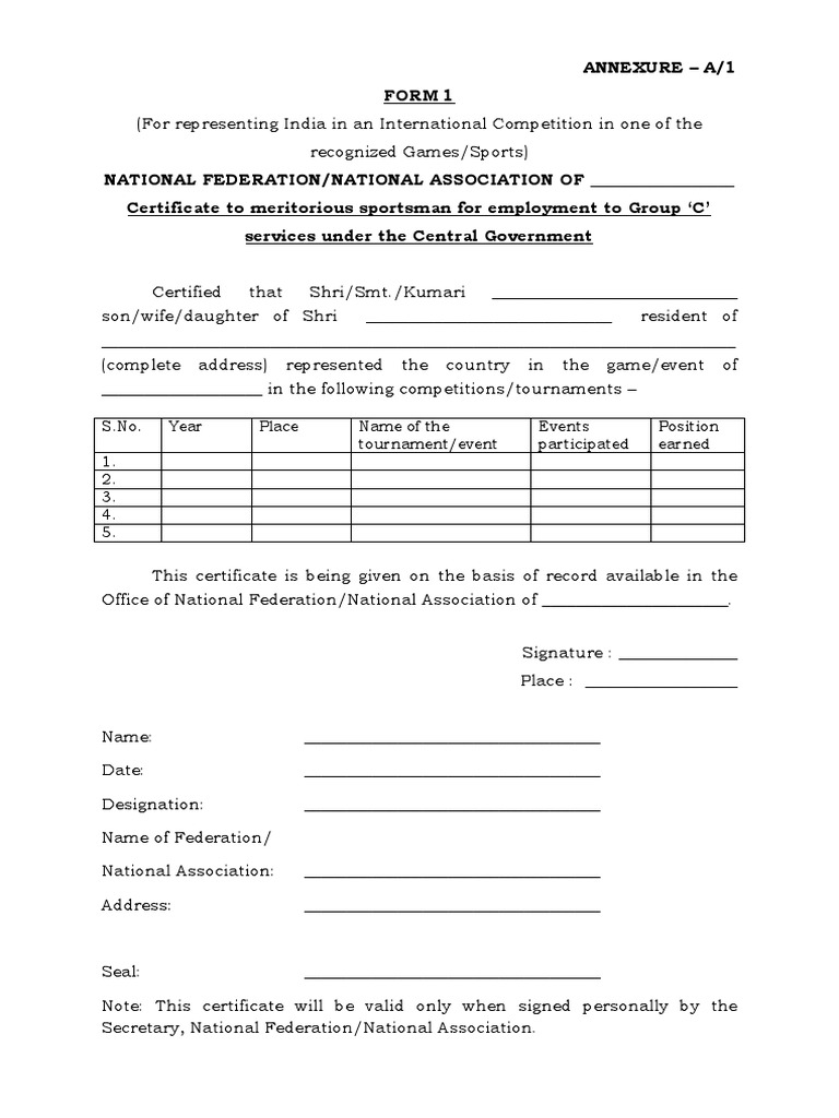 Annexure - A/1 Form 1: S.No. Year Place Name of The Tournament/event ...