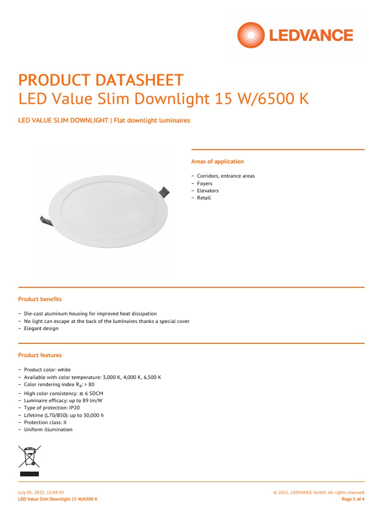 Data Sheet For LED Downlight 15W | PDF | Lighting | Electricity