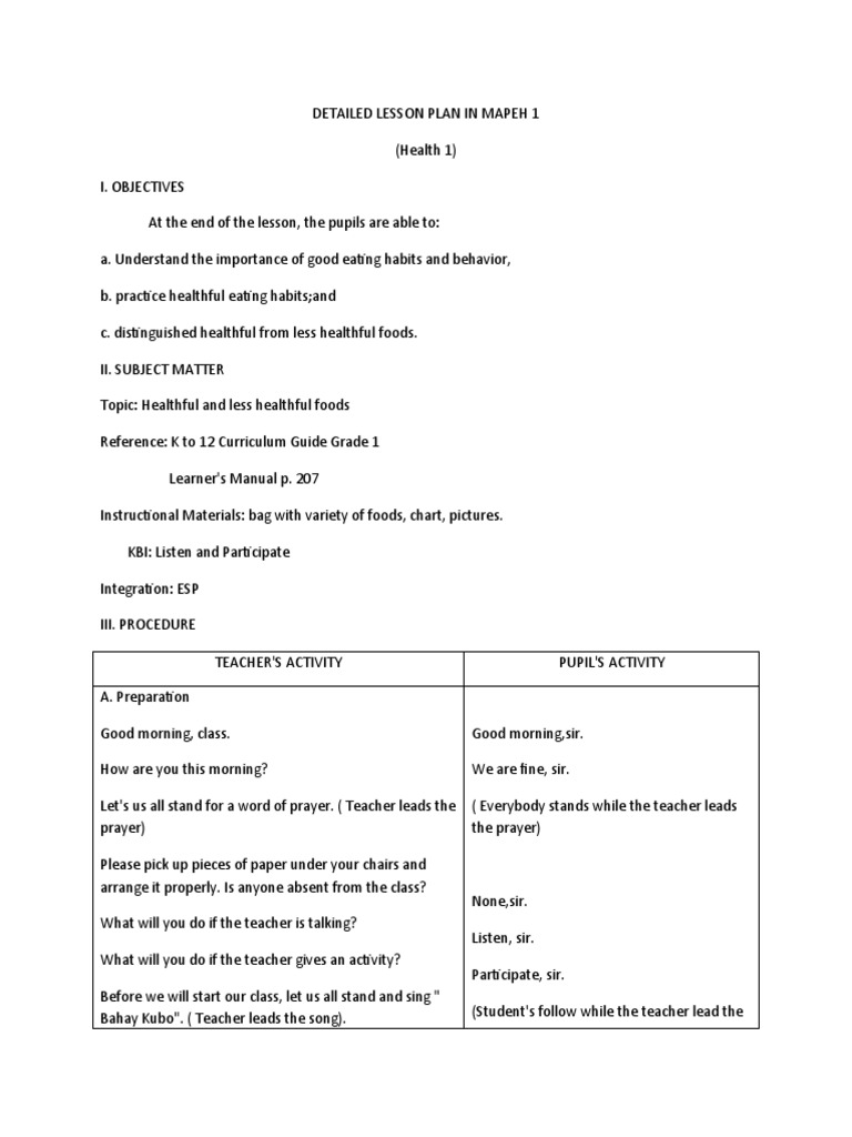 Healthful Foods Lesson Plan for Grade 1 | PDF | Lesson Plan | Teachers