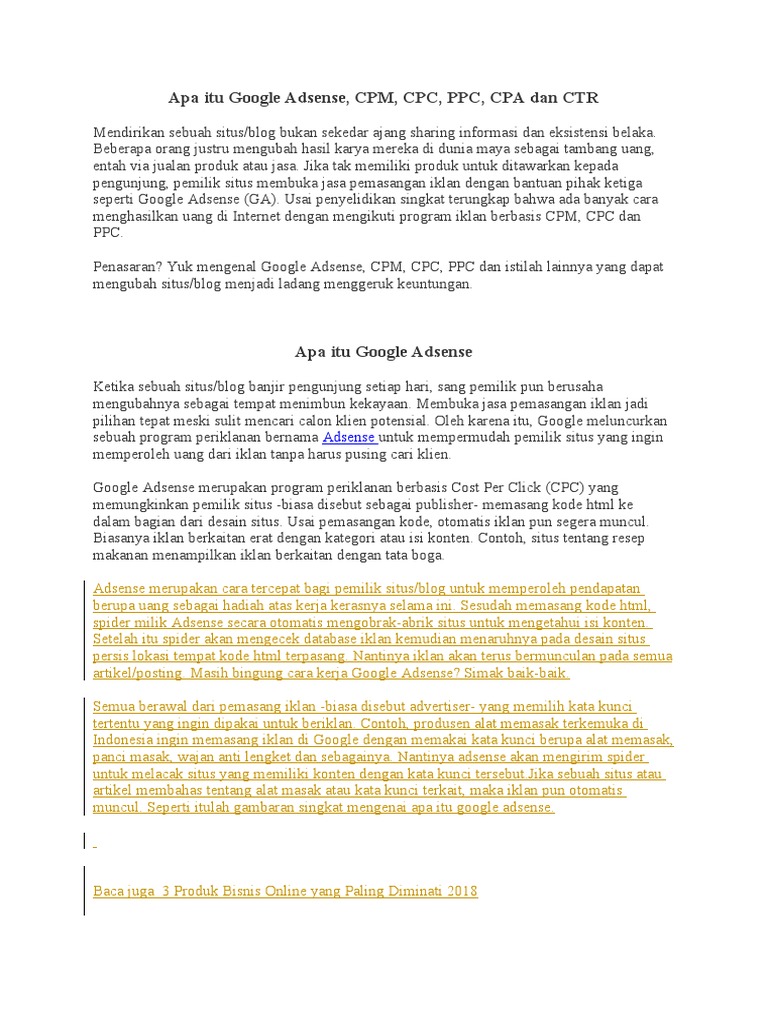 Apa Itu Google Adsense, CPM, CPC, PPC, CPA Dan CTR | PDF