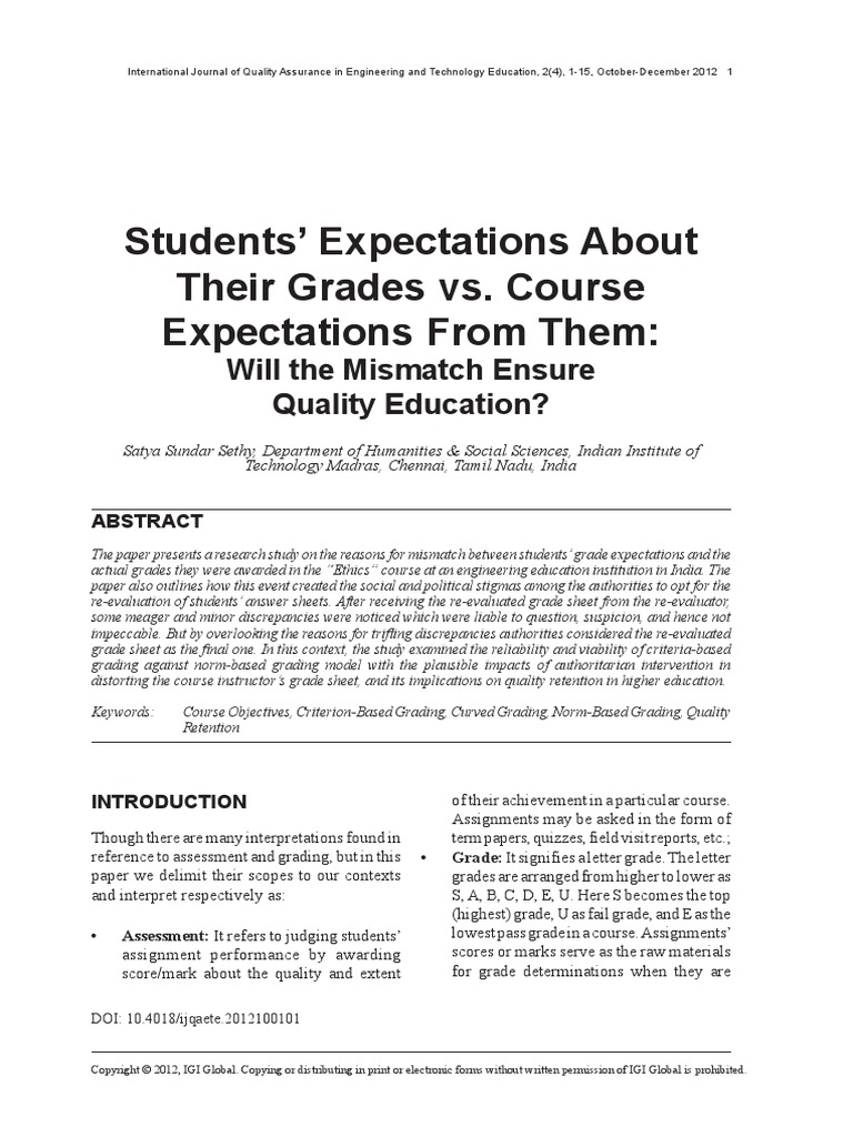 Students' Expectations About Their Grades Versus Course Expectations ...