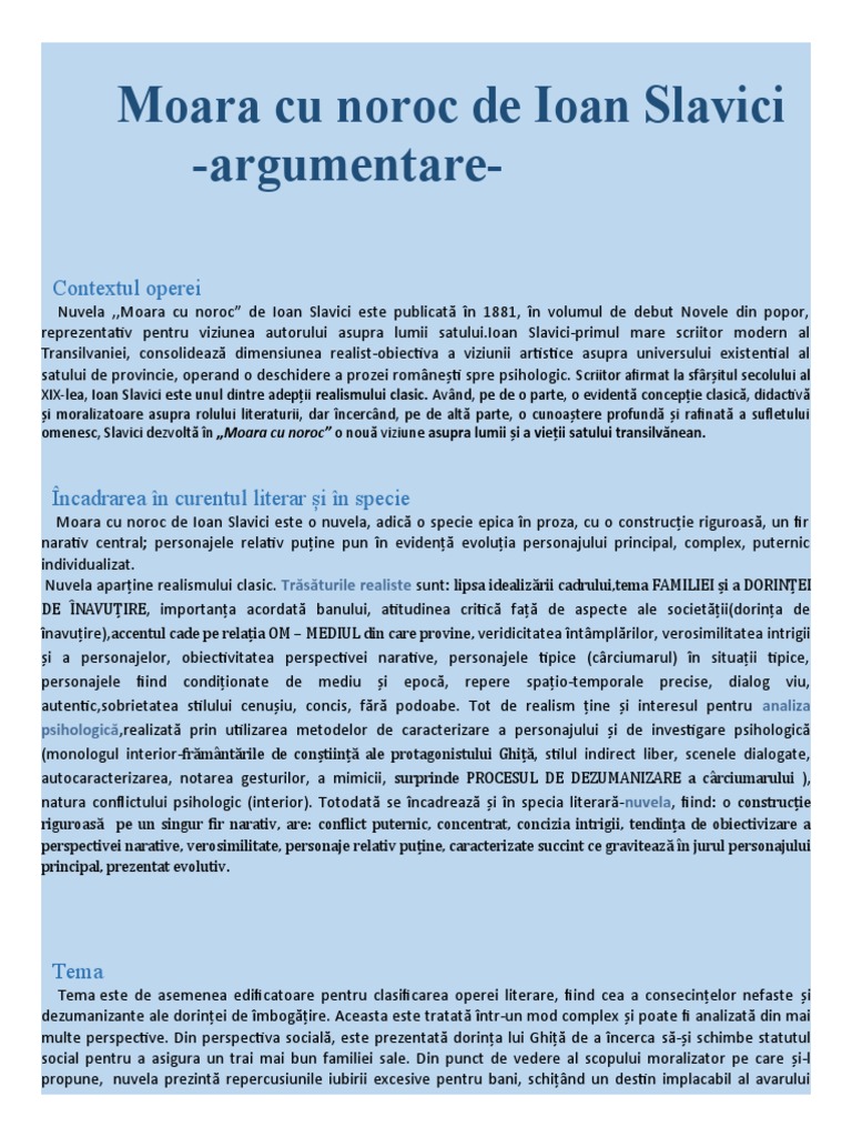 Moara Cu Noroc-Argumentare Bac | PDF