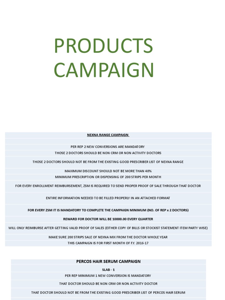 Product Campaign Requirements and Enrollment Formats: Nexna, Percos ...