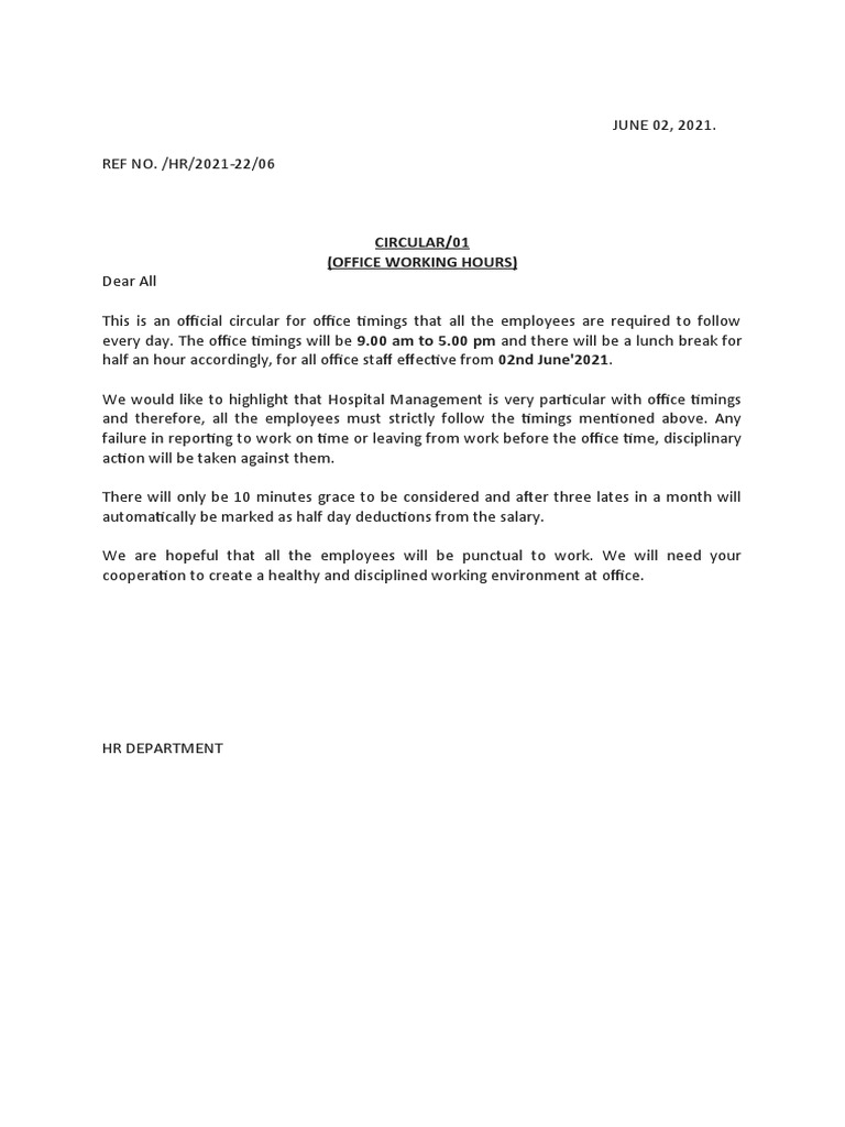 Office Timings Circular for Employees | PDF