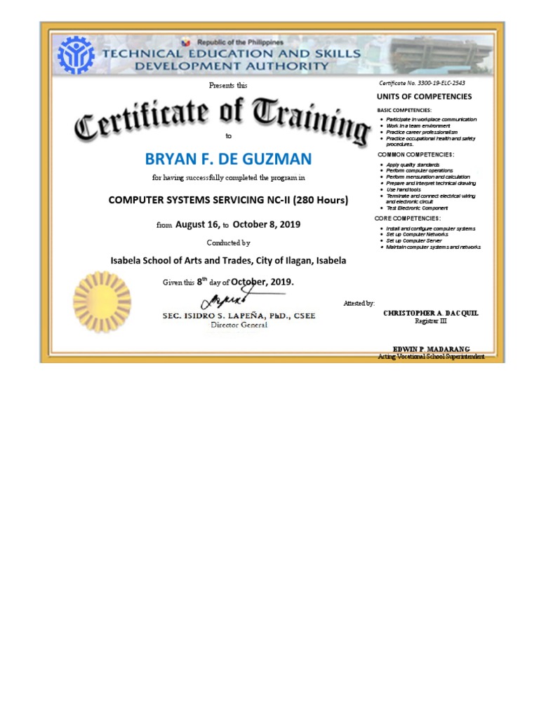 TESDA Sample Training Certificate | PDF | Computer Science | Computer ...