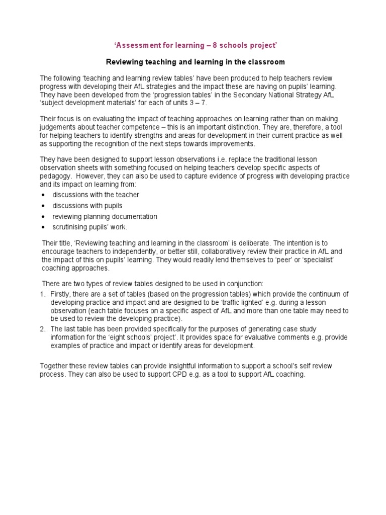 AfL Teaching and Learning Review Tables 1005 | PDF | Educational ...