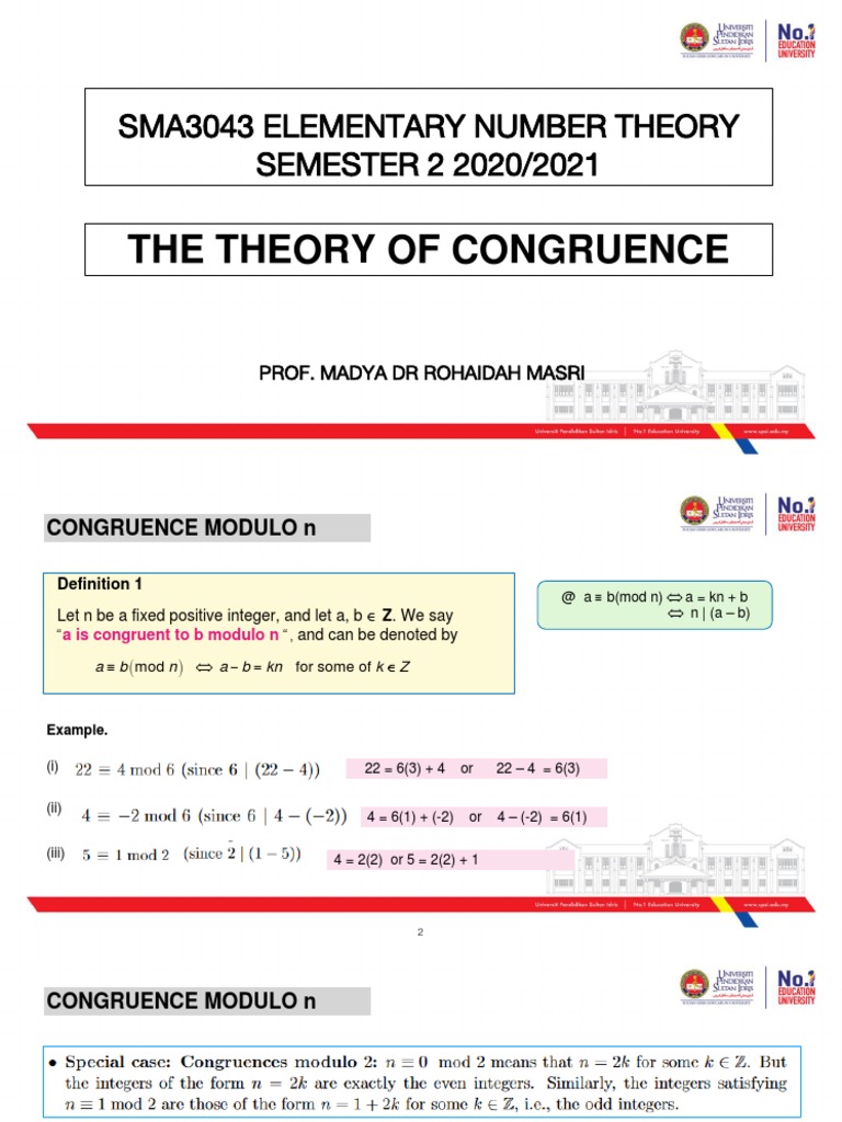 Sma3043 Elementary Number Theory SEMESTER 2 2020/2021: The Theory of ...