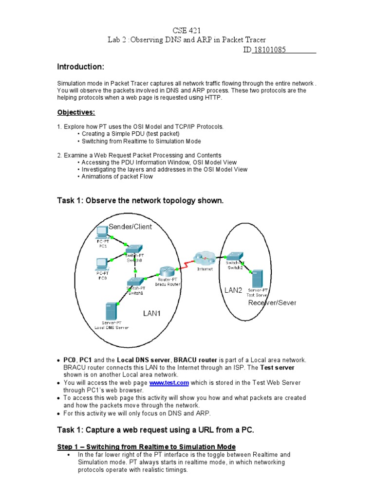 CSE 421 Lab 2:observing DNS and ARP in Packet Tracer ID 18101085 | PDF | Computer Network ...