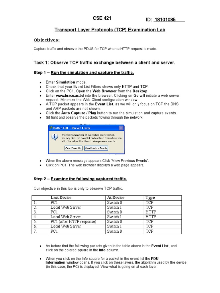 CSE 421 ID: 18101085 Transport Layer Protocols (TCP) Examination Lab | PDF | Transmission ...