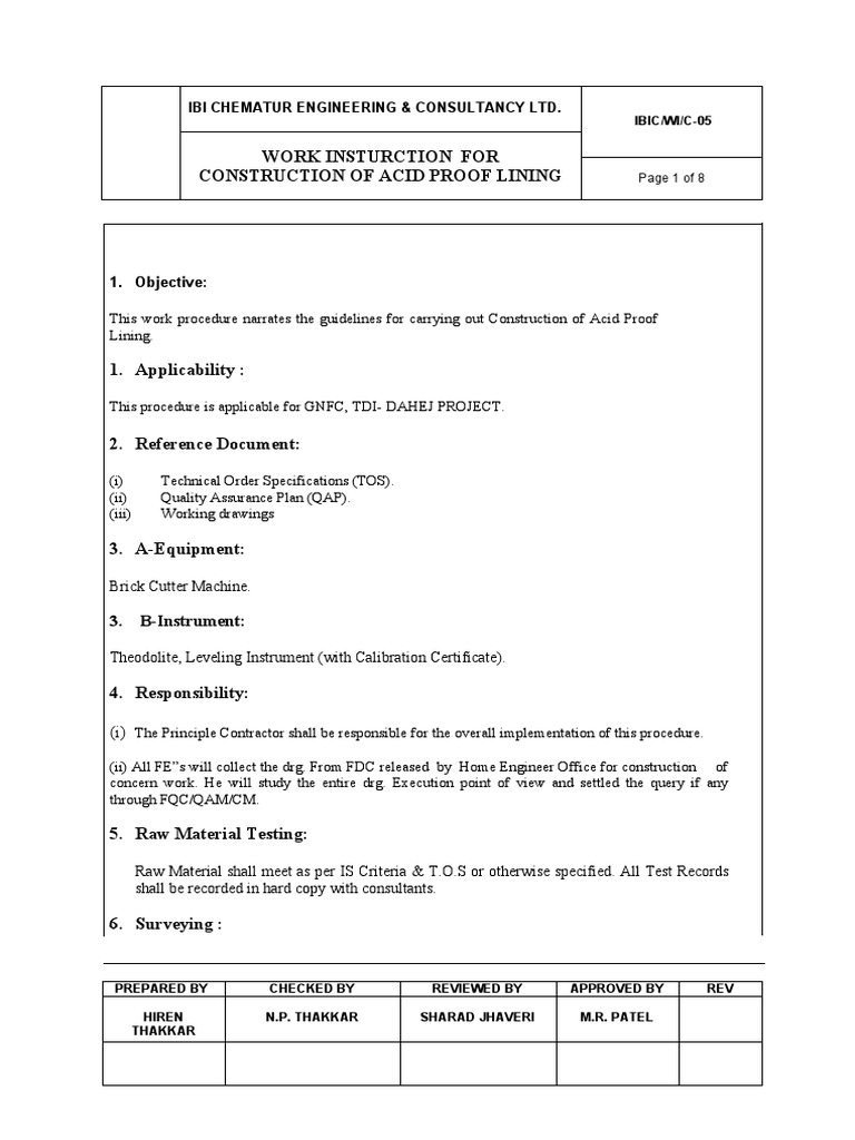 Construction of Acid Proof Lining | PDF | Brick | Business