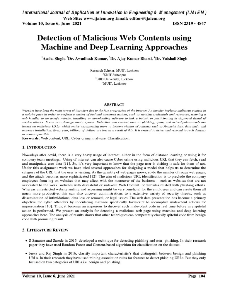 Detection Of Malicious Web Contents Using Machine And Deep Learning Approaches Pdf Phishing
